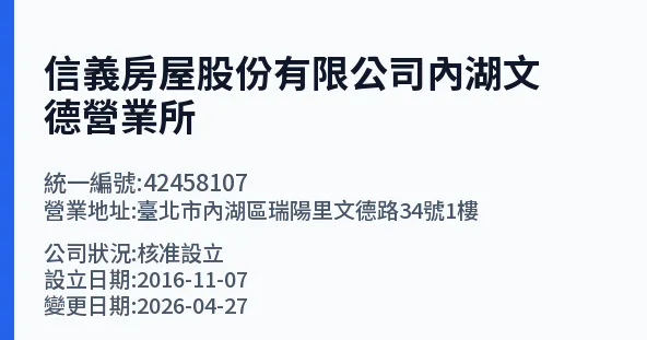 信義房屋股份有限公司內湖文德營業所的照片-統編 42458107(臺北市) 公司登記資料與營業項目詳細圖表