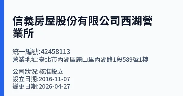 信義房屋股份有限公司西湖營業所的照片-統編 42458113(臺北市) 公司登記資料與營業項目詳細圖表