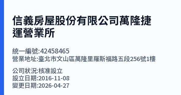 信義房屋股份有限公司萬隆捷運營業所的照片-統編 42458465(臺北市) 公司登記資料與營業項目詳細圖表