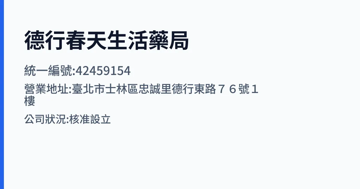 德行春天生活藥局 - 統編 42459154(臺北市) 公司登記資料與營業項目詳細圖表