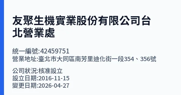 友聚生機實業股份有限公司台北營業處的照片-統編 42459751(臺北市) 公司登記資料與營業項目詳細圖表