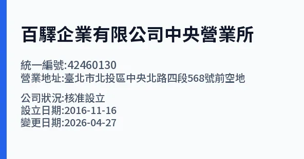 百驛企業有限公司中央營業所的照片-統編 42460130(臺北市) 公司登記資料與營業項目詳細圖表