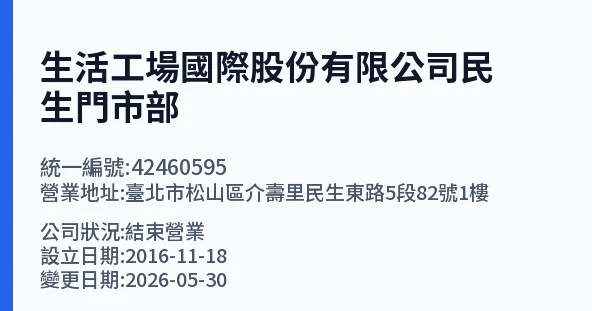 生活工場國際股份有限公司民生門市部的照片-統編 42460595(臺北市) 公司登記資料與營業項目詳細圖表