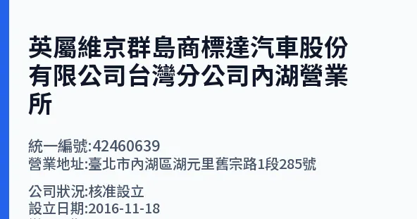 英屬維京群島商標達汽車股份有限公司台灣分公司內湖營業所的照片-統編 42460639(臺北市) 公司登記資料與營業項目詳細圖表