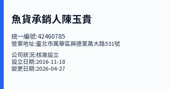 魚貨承銷人陳玉貴的照片-統編 42460785(臺北市) 公司登記資料與營業項目詳細圖表