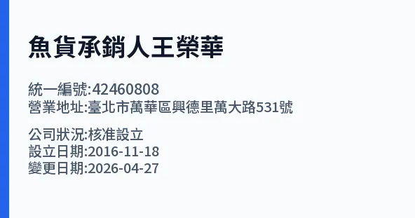 魚貨承銷人王榮華的照片-統編 42460808(臺北市) 公司登記資料與營業項目詳細圖表