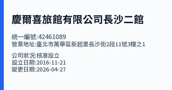 慶爾喜旅館有限公司長沙二館的照片-統編 42461089(臺北市) 公司登記資料與營業項目詳細圖表
