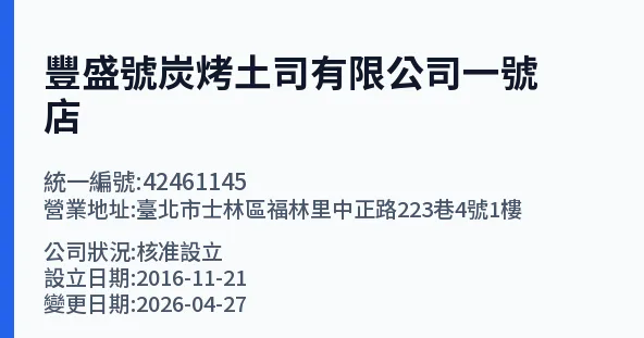 豐盛號炭烤土司有限公司一號店的照片-統編 42461145(臺北市) 公司登記資料與營業項目詳細圖表