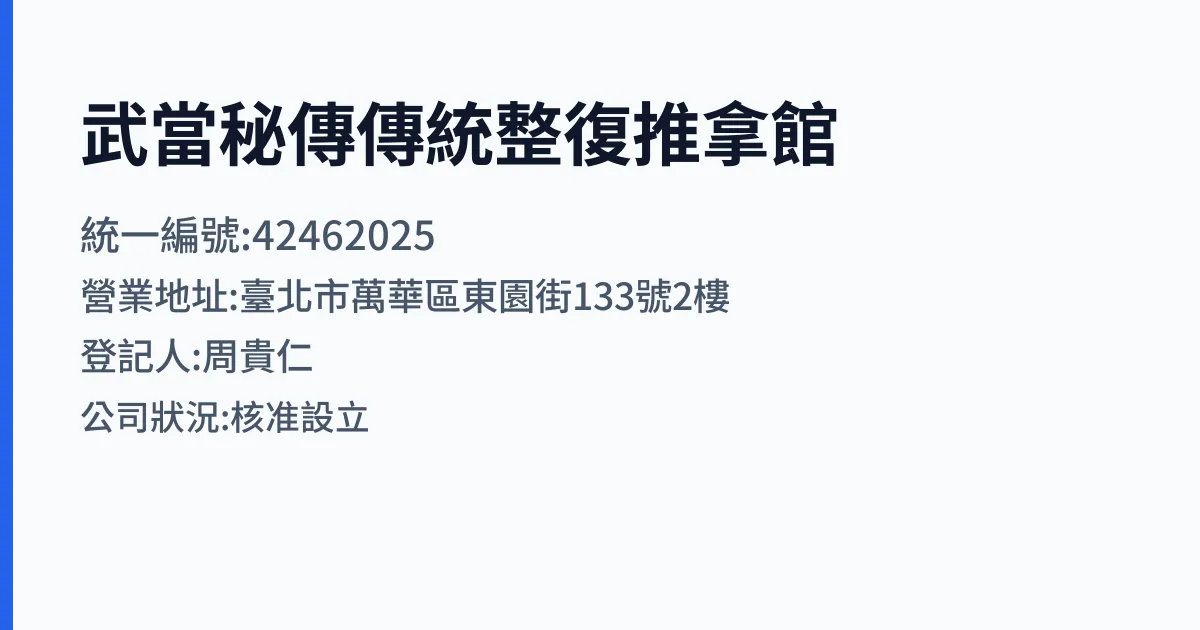 武當秘傳傳統整復推拿館 - 統編 42462025(臺北市) 公司登記資料與營業項目詳細圖表