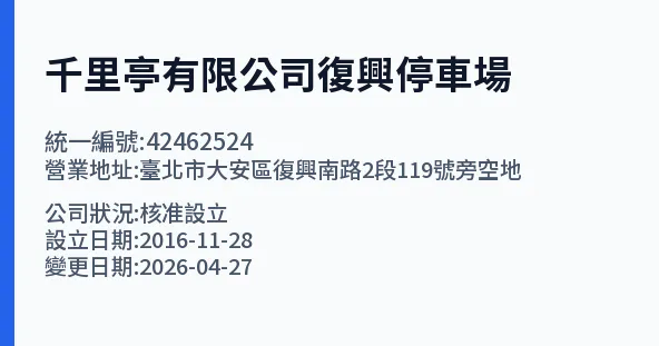 千里亭有限公司復興停車場的照片-統編 42462524(臺北市) 公司登記資料與營業項目詳細圖表