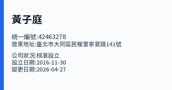 黃子庭的照片-統編 42463278(臺北市) 公司登記資料與營業項目詳細圖表