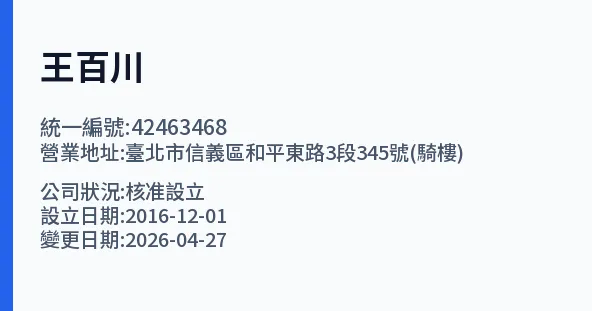 王百川的照片-統編 42463468(臺北市) 公司登記資料與營業項目詳細圖表