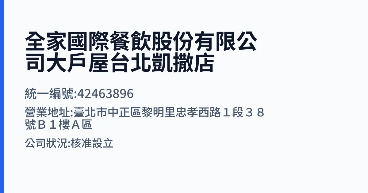 全家國際餐飲股份有限公司大戶屋台北凱撒店 - 統編 42463896(臺北市) 公司登記資料與營業項目詳細圖表
