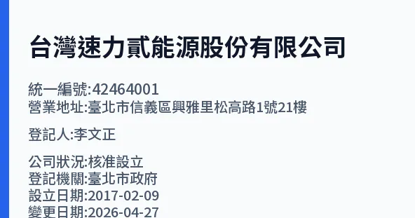 台灣速力貳能源股份有限公司的照片-統編 42464001(臺北市) 公司登記資料與營業項目詳細圖表