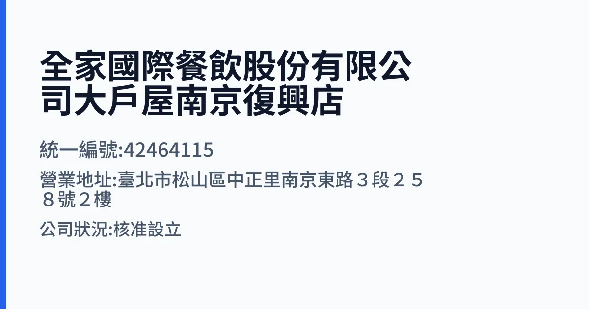 全家國際餐飲股份有限公司大戶屋南京復興店 - 統編 42464115(臺北市) 公司登記資料與營業項目詳細圖表