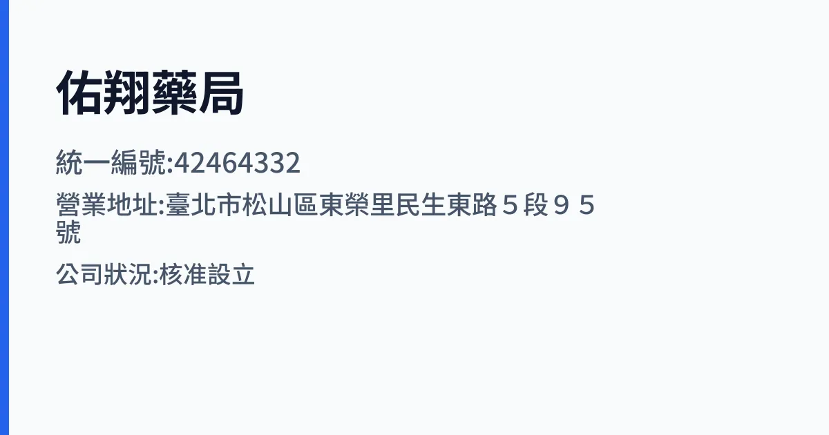 佑翔藥局 - 統編 42464332(臺北市) 公司登記資料與營業項目詳細圖表