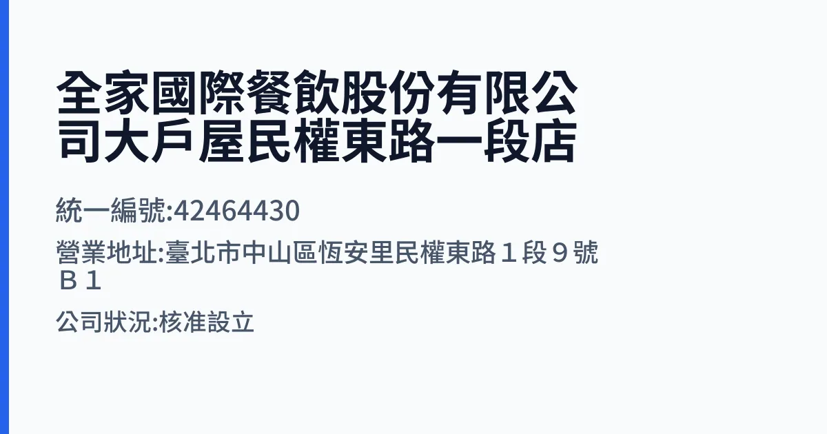 全家國際餐飲股份有限公司大戶屋民權東路一段店 - 統編 42464430(臺北市) 公司登記資料與營業項目詳細圖表