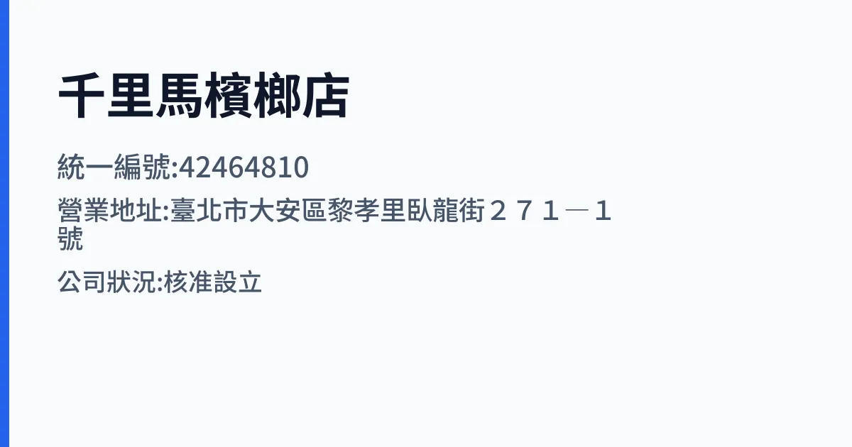 千里馬檳榔店 - 統編 42464810(臺北市) 公司登記資料與營業項目詳細圖表