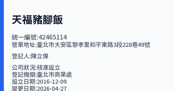 天福豬腳飯的照片-統編 42465114(臺北市) 公司登記資料與營業項目詳細圖表