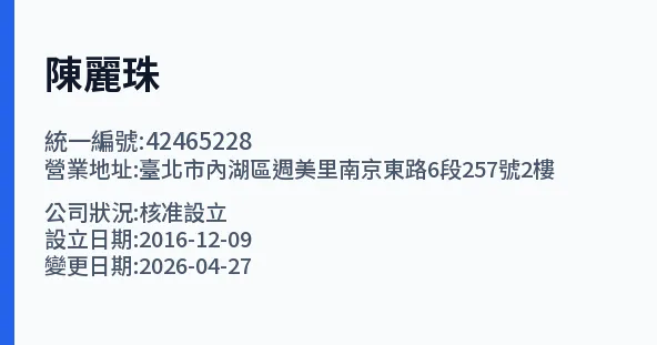 陳麗珠的照片-統編 42465228(臺北市) 公司登記資料與營業項目詳細圖表