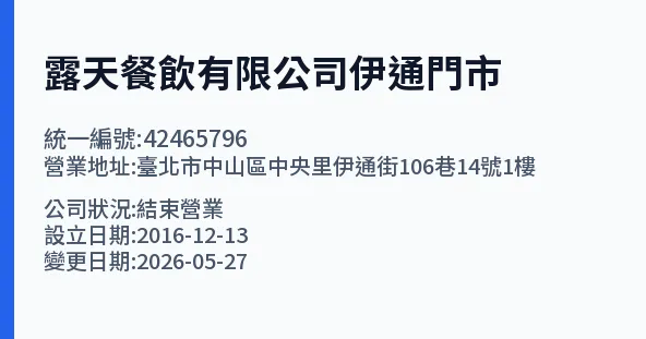 露天餐飲有限公司伊通門市的照片-統編 42465796(臺北市) 公司登記資料與營業項目詳細圖表
