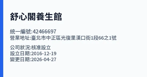 舒心閣養生館的照片-統編 42466697(臺北市) 公司登記資料與營業項目詳細圖表