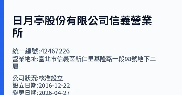 日月亭股份有限公司信義營業所的照片-統編 42467226(臺北市) 公司登記資料與營業項目詳細圖表