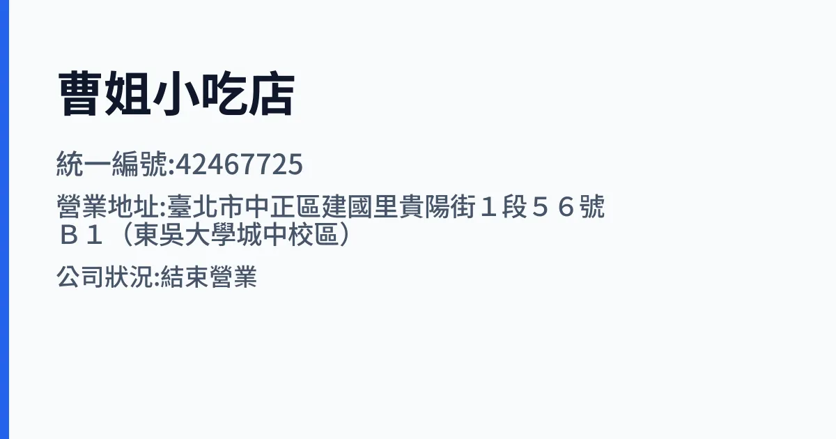 曹姐小吃店 - 統編 42467725(臺北市) 公司登記資料與營業項目詳細圖表