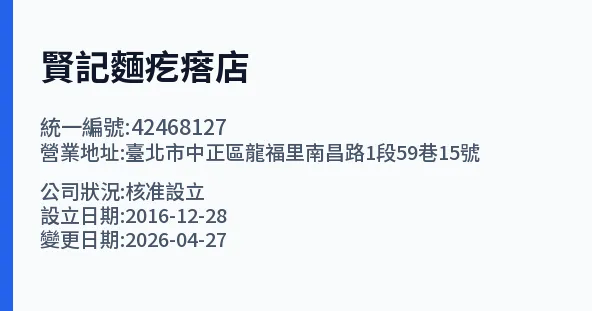 賢記麵疙瘩店的照片-統編 42468127(臺北市) 公司登記資料與營業項目詳細圖表