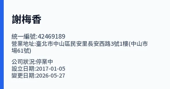 謝梅香的照片-統編 42469189(臺北市) 公司登記資料與營業項目詳細圖表
