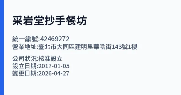 采岩堂抄手餐坊的照片-統編 42469272(臺北市) 公司登記資料與營業項目詳細圖表