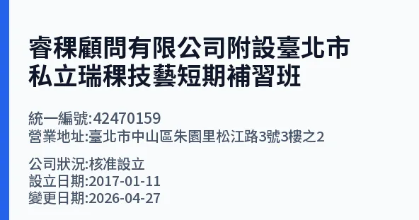 睿稞顧問有限公司附設臺北市私立瑞稞技藝短期補習班的照片-統編 42470159(臺北市) 公司登記資料與營業項目詳細圖表