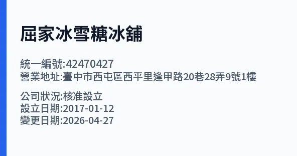 屈家冰雪糖冰舖的照片-統編 42470427(臺中市) 公司登記資料與營業項目詳細圖表