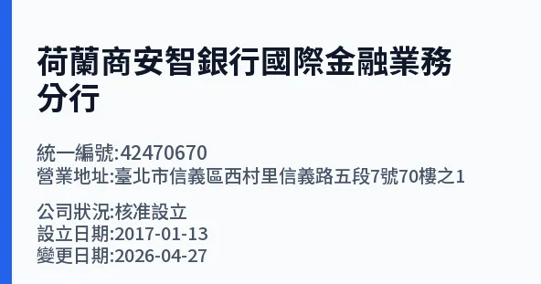 荷蘭商安智銀行國際金融業務分行的照片-統編 42470670(臺北市) 公司登記資料與營業項目詳細圖表