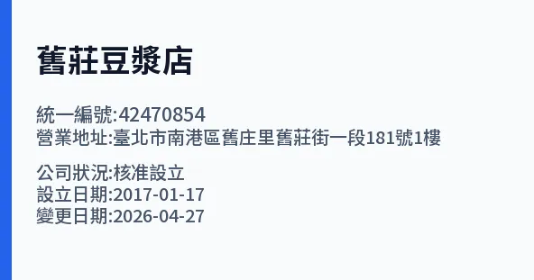 舊莊豆漿店的照片-統編 42470854(臺北市) 公司登記資料與營業項目詳細圖表