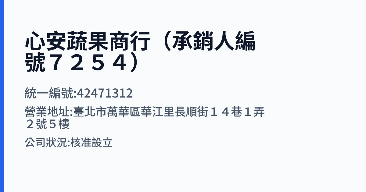 心安蔬果商行（承銷人編號７２５４） - 統編 42471312（臺北市） 公司登記資料與營業項目詳細圖表