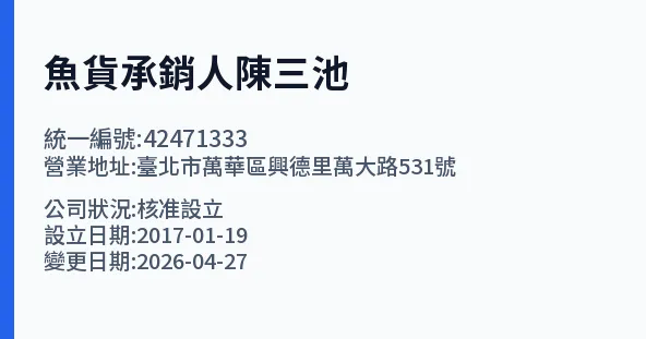 魚貨承銷人陳三池的照片-統編 42471333(臺北市) 公司登記資料與營業項目詳細圖表