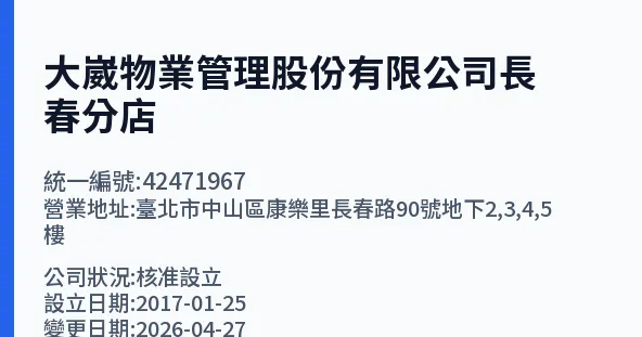 大崴物業管理股份有限公司長春分店的照片-統編 42471967(臺北市) 公司登記資料與營業項目詳細圖表