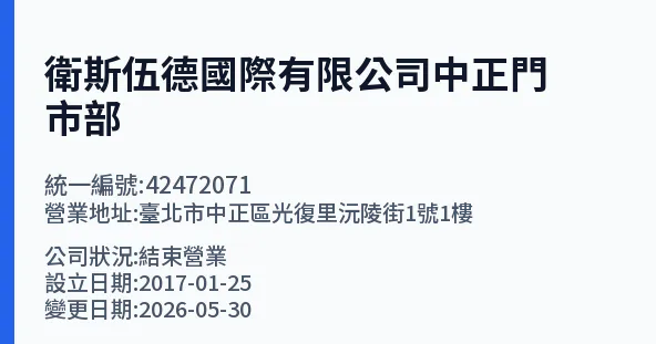 衛斯伍德國際有限公司中正門市部的照片-統編 42472071(臺北市) 公司登記資料與營業項目詳細圖表
