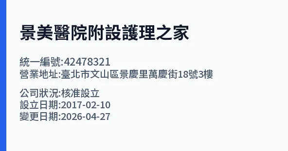 景美醫院附設護理之家的照片-統編 42478321(臺北市) 公司登記資料與營業項目詳細圖表