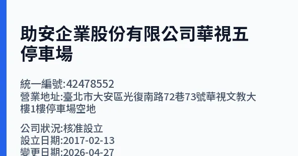 助安企業股份有限公司華視五停車場的照片-統編 42478552(臺北市) 公司登記資料與營業項目詳細圖表