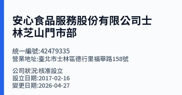 安心食品服務股份有限公司士林芝山門市部的照片-統編 42479335(臺北市) 公司登記資料與營業項目詳細圖表