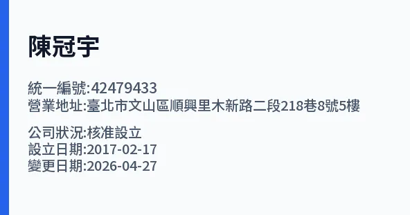 陳冠宇的照片-統編 42479433(臺北市) 公司登記資料與營業項目詳細圖表