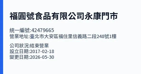 福圓號食品有限公司永康門市的照片-統編 42479665(臺北市) 公司登記資料與營業項目詳細圖表