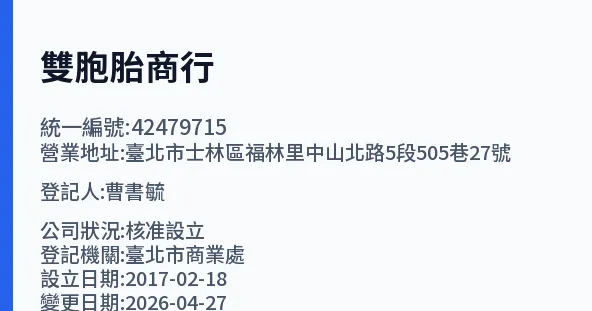 雙胞胎商行的照片-統編 42479715(臺北市) 公司登記資料與營業項目詳細圖表