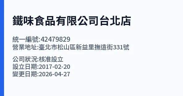 鐵味食品有限公司台北店的照片-統編 42479829(臺北市) 公司登記資料與營業項目詳細圖表