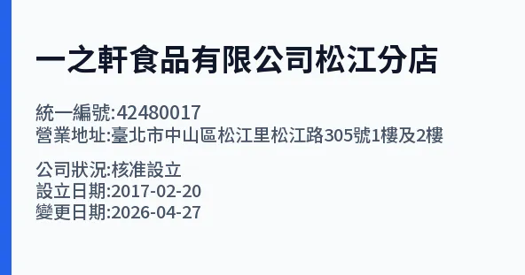 一之軒食品有限公司松江分店的照片-統編 42480017(臺北市) 公司登記資料與營業項目詳細圖表