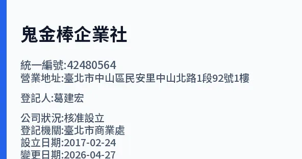 鬼金棒企業社的照片-統編 42480564(臺北市) 公司登記資料與營業項目詳細圖表