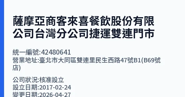 薩摩亞商客來喜餐飲股份有限公司台灣分公司捷運雙連門市的照片-統編 42480641(臺北市) 公司登記資料與營業項目詳細圖表