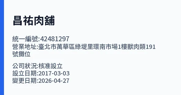昌祐肉舖的照片-統編 42481297(臺北市) 公司登記資料與營業項目詳細圖表